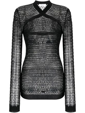 Off-white pull en maille ajour&eacute;e &agrave; fini m&eacute;tallis&eacute; - Noir