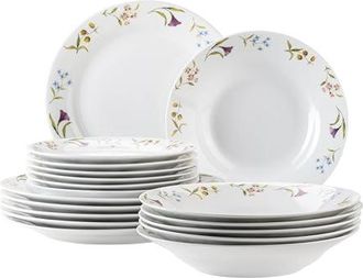 M&auml;ser Serie Zosma, hochwertiges Tellerset 18-tlg mit floralem Dekor, bestehend aus 6 Desserttellern, 6 tiefen Tellern und 6 flachen Tellern im Natural-Look,