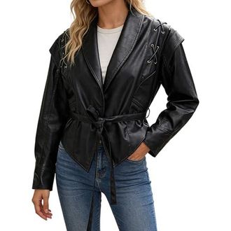 Generic Veste en cuir synth&eacute;tique pour femme - Style vintage - Surdimensionn&eacute; - Avec ceinture - Style d&eacute;contract&eacute; et tendance, Noir, S