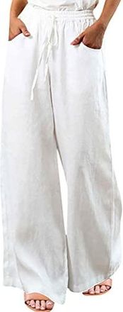 Onsoyours Femme Pantalon en Lin Coton Taille Haute Pantalon dété Léger Cordon Élastique Ample Pants Large Couleur Unie Confortable avec Poches Sport Yoga A Blan