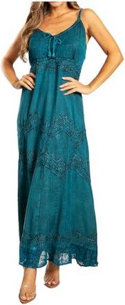 Sakkas Stonewashed Rayon brod&eacute;e Bretelles r&eacute;glables Robe Longue - Bleu Acier - L/XL