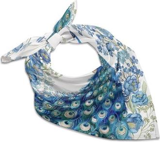 Generic Écharpe carrée en soie légère avec motif floral paon - Écharpe bohème pour cheveux - Respirant - Cadeau pour femme et homme, multicolore, 46x46cm