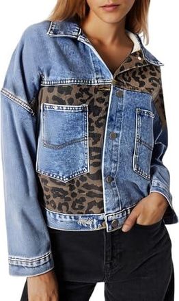 Generic Vestes en denim d&eacute;contract&eacute;es pour femme avec poches en patchwork et coupe ample, parfaites pour toutes les saisons, bleu, XXL