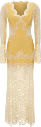 Paco Rabanne Robe longue en jersey &agrave; garniture en dentelle - Femme - Robes - Jaune - Taille: 40 FR