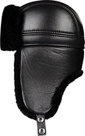 Generic Chapeau de trappeur daviateur en cuir avec doublure en fausse fourrure, noir, style Ushanka chaud, unisexe, 56-63 cm, Noir - 57-58 cm, L