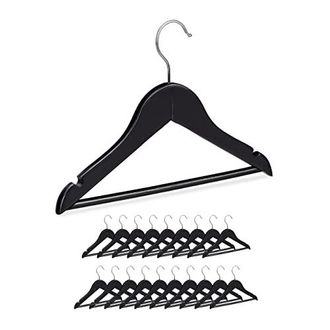 Relaxdays 20er Set Kinderkleiderb&uuml;gel Holz, Hosenb&uuml;gel f&uuml;r Jungen & M&auml;dchen, drehbarer Haken, mit Steg & Kerben, schwarz