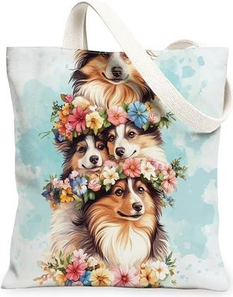 Generic Sac fourre-tout en toile motif chien de Collie printanier pour le shopping 33 x 38,1 cm, sac &agrave; bandouli&egrave;re r&eacute;utilisable pour femme, peinture danimal d