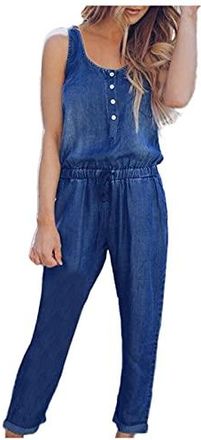 TOMWELL Femmes Combinaison sans Manches Col Rond Barboteuse Jumpsuit Dété Chic Élégant Slim Pantalon Loose Casual Combishort avec Ceinture BleuFoncé02 L