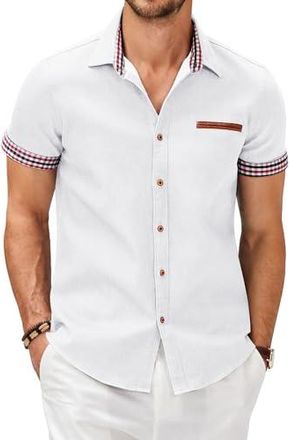 Coofandy Chemise d&Eacute;t&eacute; Homme Manches Courtes - Chemise Casual Chic en Coton, Id&eacute;ale pour Bureau/Voyage, Style Western &Eacute;l&eacute;gant Blanc-B XXL