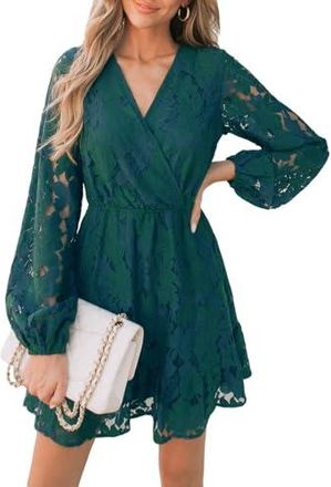 Cupshe Mini robe dété élégante avec col en V et manches paysannes - Taille haute élastique - Style décontracté - Pour invités de mariage, vert chasse, Taille