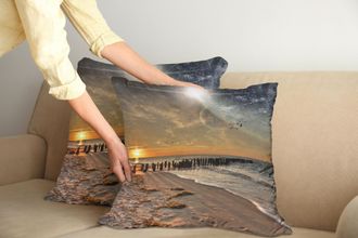 Abakuhaus Platz Kissenbezug 2er-Pack, Magische Sonnenfinsternis auf Strand-Ozean mit Horizont-Sun-Mond-Kugel-Möven-Fliegen-Ansicht, 40 x 40 cm, Creme orange