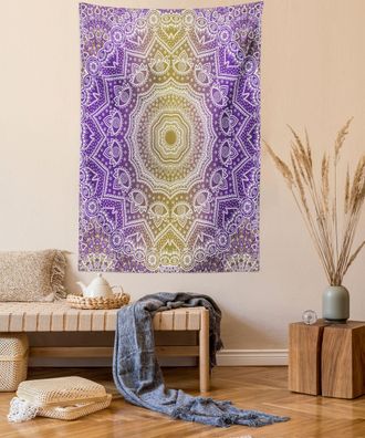 Abakuhaus Gelb und Lila Wandteppich, Mandala Ombre Ost Tradition Tiefe Mystische Magie im Kosmos Psychisches Bild, aus Weiches Mikrofaser Stoff Wand Dekoration 