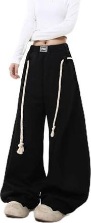 Generic Pantalon de surv&ecirc;tement taille haute pour femme avec cordon de serrage, pantalon d&eacute;contract&eacute; en coton, coupe ample, noir, Noir, XXL