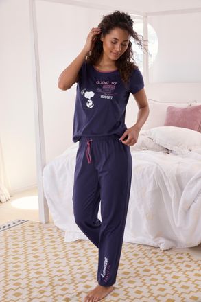 Peanuts Pyjama PEANUTS, Damen, Gr. 32/34, dunkelblau bedruckt, Single Jersey, Obermaterial: 100% Baumwolle, bedruckt, unifarben, Basic lang, Rundhals, eingese
