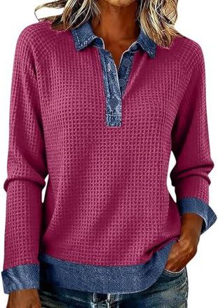 Generic Pull en jean pour femme avec col boutonn&eacute; - Patchwork - Vintage - Chemisier en tricot - Pull en jean pour femme, rose vif, XXL