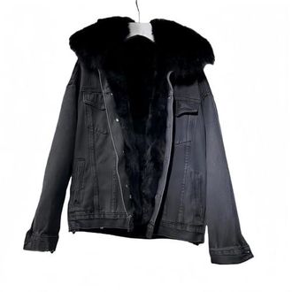 Generic Manteaux dhiver pour femme, veste en jean &eacute;paisse, manteau chaud &agrave; manches longues avec col en fausse fourrure et col en fausse fourrure, Noir, XXL
