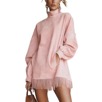 Generic Robe à col roulé en faux daim avec ourlet à franges, robe décontractée en velours à manches longues en patchwork, rose, XL