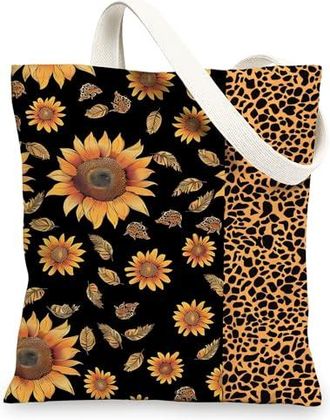 Generic Sac fourre-tout en toile motif tournesol, élégant imprimé léopard floral, sac de courses réutilisable, léger et lavable, bandoulière Eco-Frie, noir, 1