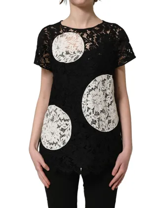 Dolce & Gabbana Womens Black White Floral Lace Short Sleeve Blouse Top