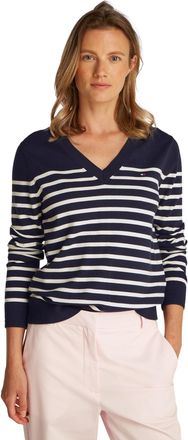 Tommy Hilfiger Damen Pullover Jersey V-Neck Strickpullover, Mehrfarbig (Dark Night Navy/Ivory Petal Stp), XXS