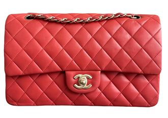 Chanel Red Lambskin Medium Double Flap Bag with Brushed Gold Hardware