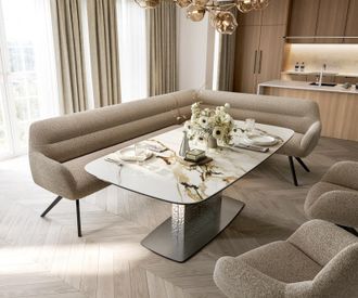 DELIFE Esszimmerbank Taya-Flex 285x190 cm Boucl&eacute; Schlamm Kreuzgestell kantig Schwarz Taschenfederkern Links, B&auml;nke