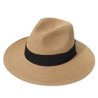 Dreshow Damen Panama Hut Breiter Krempe Stroh Sommer Fedora Strohhut Panama Aufrollen Hut Strand Rollbar UV Sonnenhut UPF 50 +