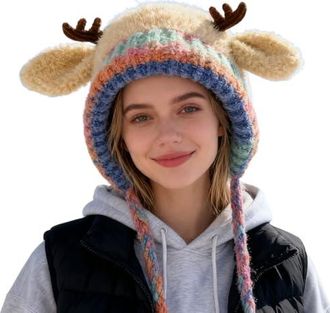 Generic Chapeau en peluche de cerf - Casquette en tricot coupe-vent chaude dhiver, mat&eacute;riau de conception de rennes doux, casque pour temps froid, coupe &eacute;l&eacute;ga