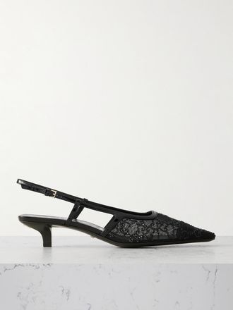 Gucci Demi Slingback-pumps Aus Mesh Mit Lacklederbesätzen Und Kristallen - Schwarz