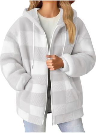Generic Manteau en polaire à carreaux pour femme - Veste dhiver chaude à capuche en peluche duveteuse avec fermeture éclair, manteau dextérieur en polaire She