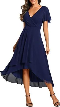 Ever-pretty Robe Soirée Bleu Marine 60 - Femme Chic Et Elegant Belle Robe Occasion Spéciale - Col V Manches Volantées Trapèze A Line Mousseline Lavage À La Main