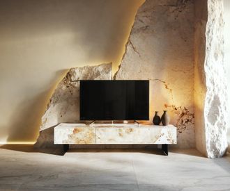 DELIFE Lowboard Cuor 150 cm Keramik Minas Melange Wei&szlig;-Beige 1 Klappe 1 Schubfach Fu&szlig; Schwebeoptik Metall Schwarz, Lowboards