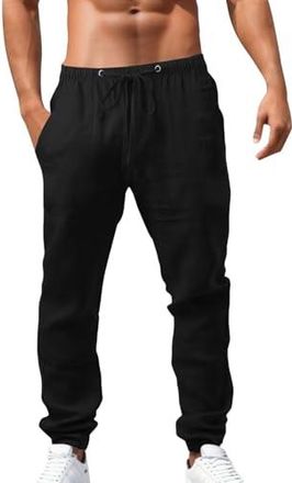 Generic Pantalon dété décontracté en coton et lin pour homme, respirant, léger, jambes larges, cordon de serrage, taille élastique, coupe ample, pantalon dent
