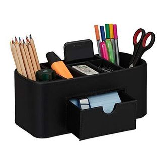 Relaxdays Stiftehalter, Schreibtischorganizer in Lederoptik, 7 Fächer, edler Organizer HxBxT 10,5x26x11,5 cm, schwarz, 10029945_46