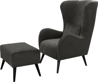 Jack & Alice home24 Sessel Pillig Grau/Dunkelgrau Samt mit Hocker 78 x 118 x 94cm