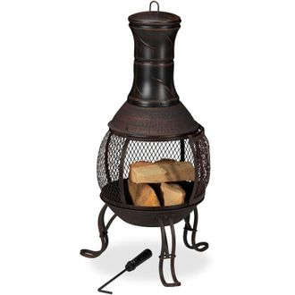 Relaxdays Aztekenofen, Sch&uuml;rhaken, Holzrost, Funkenschutz, Garten, Terrasse, Antik Terrassenofen, H&ouml;he 89 cm, rot-bronze - Relaxdays