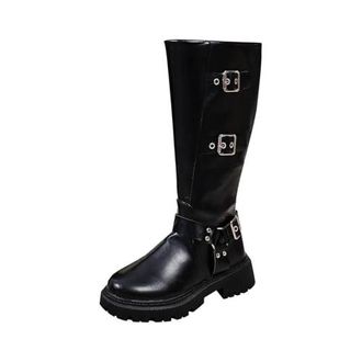 Generic Bottes hautes pour femme - Larges mollets - Style d&eacute;contract&eacute; - &Eacute;l&eacute;gantes - Couleur unie - Bout rond - Talon &eacute;pais - Boucle - Fermeture &eacute;clair lat&eacute;ral