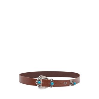 Pinko Pinko, unisex, Accessoires, Brun, Taille: XL Ceinture en cuir avec pierres turquoise, 3 cm