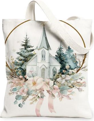 Generic Sacs fourre-tout en toile florale, motif &eacute;glise vintage, sacs d&eacute;picerie r&eacute;utilisables, sacs dhiver l&eacute;gers et lavables en toile pour, blanc, 13x15 Inch