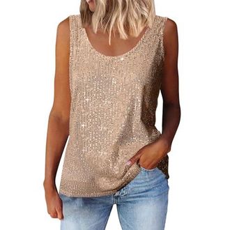 Generic Top femme paillet&eacute; femme avec paillettes, t-shirts l&eacute;gers sans manches t-shirts basiques col rond d&eacute;bardeur d&eacute;contract&eacute; gilet top vintage danse d&eacute;bard