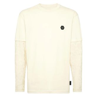 Philipp Plein Homme, Tops, Beige, Taille: XL T-Shirt Manches Longues Double &Eacute;paisseur Jacquard Crest