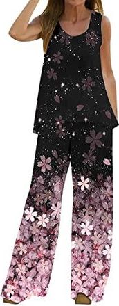 Generic Tenue deux pi&egrave;ces pour femme &agrave; imprim&eacute; floral sans manches avec haut fluide et pantalon &agrave; jambes larges, ensemble assorti pour l&eacute;t&eacute;, les vacances d&eacute;t&eacute;