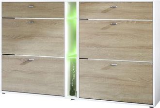 Vladon Meuble &agrave; Chaussures &agrave; Bascule Today 155,5 x 95 x 28 cm, avec Un &eacute;clairage LED RGB, Corps en Blanc Mat, fa&ccedil;ades en ch&ecirc;ne Brut