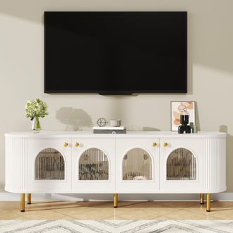 Generic TV Lowboard 170 cm Wei&szlig; Gold Fernsehschrank mit 4 Glast&uuml;ren Wellenstruktur Soft Close Abgerundete Kanten Luxus Sideboard f&uuml;r Wohnzimmer