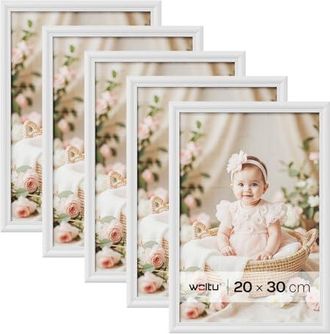 Woltu Lot de 5 Cadre Photo 20x30cm Cadre en Bois Massif avec Passe Partout, Suspendre Horizontalement ou Verticalement, D&eacute;coration Murale ou sur Table, Blan