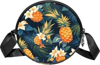 Generic Sac &agrave; bandouli&egrave;re rond pour femme, motif fleurs dananas avec fermeture &eacute;clair, bretelles r&eacute;glables, sac &agrave; main rond d&eacute;contract&eacute; pour femmes et filles