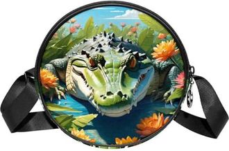Generic Sac &agrave; bandouli&egrave;re rond pour femme, petit sac &agrave; bandouli&egrave;re crocodile avec fermeture &eacute;clair, bretelles r&eacute;glables, sac &agrave; main rond d&eacute;contract&eacute; pour femm