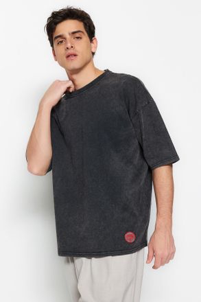 Trendyol MAN Jungen Grau Slogan Kurz Oversize T-Shirts