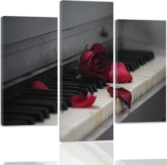 Feeby Leinwandbild - 3 Teile - Bilder, Wand Bild, Wandbilder, Kunstdruck, 3-Teilig, Typ A, 60x80 cm, KLAVIER, ROSE, BLUME, INSTRUMENT, ROT, GRAU
