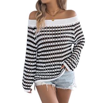 Generic Pull ajour&eacute; &agrave; &eacute;paules d&eacute;nud&eacute;es pour femme, haut en tricot ray&eacute; &agrave; manches longues et &eacute;paules d&eacute;nud&eacute;es pour femme pour un style d&eacute;contract&eacute; tendance, bl